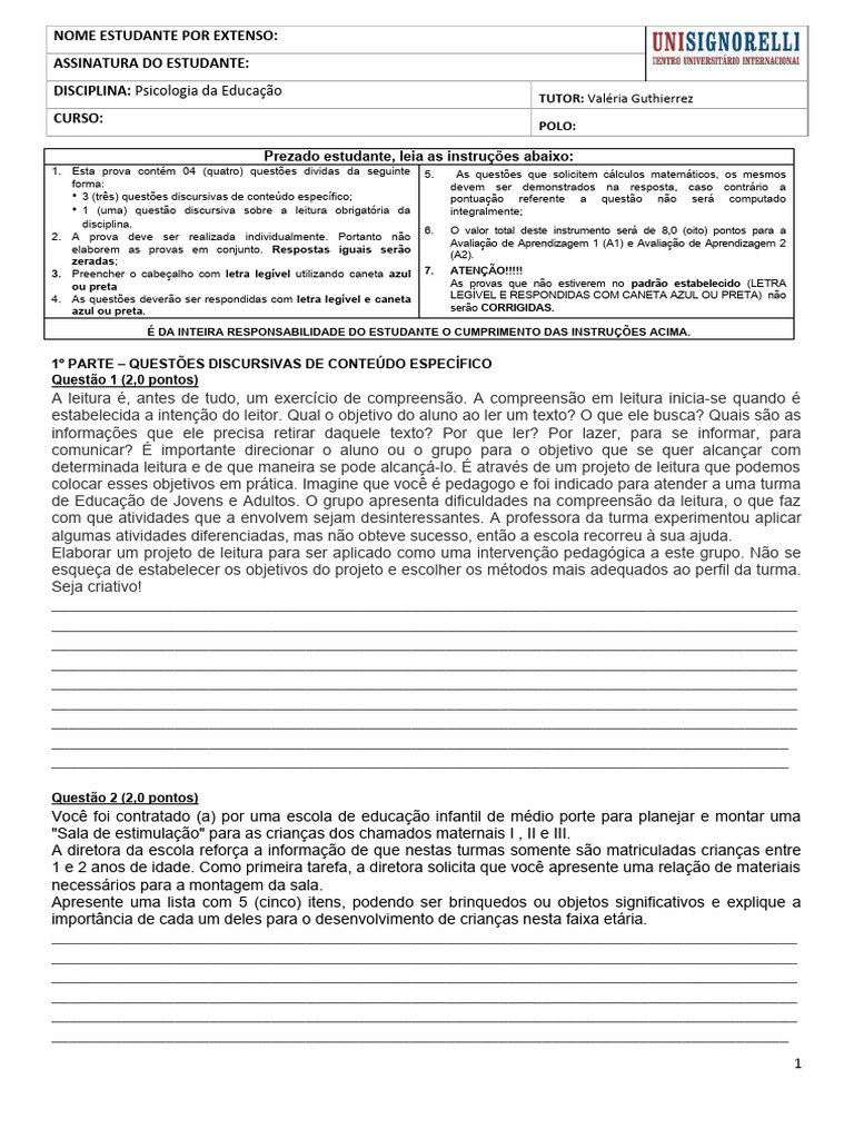 Prova A2 Psicologia Da Educ 20231110-063041 | PDF | Pedagogia | Experiência