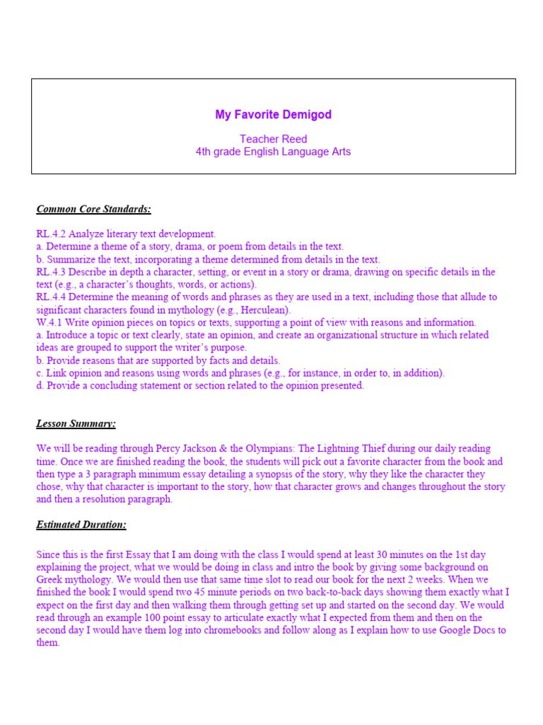 4th Grade Essay on Percy Jackson Characters | PDF | Essays | Books