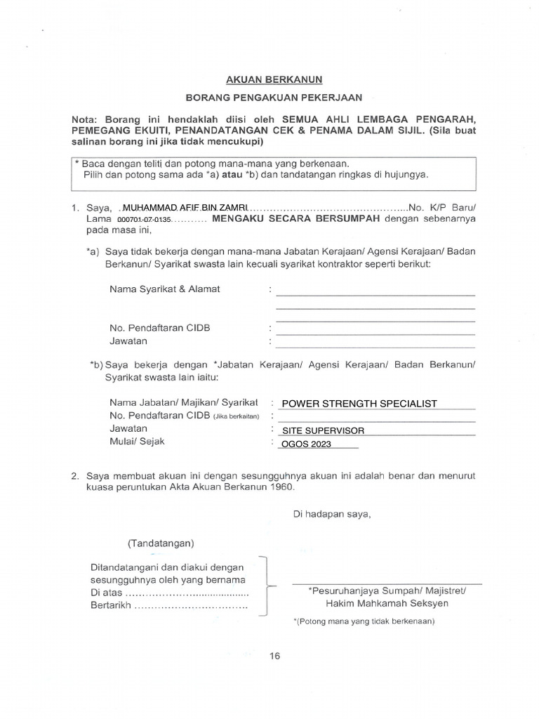 AKUAN BERKANUN BORANG PENGAKUAN PEKERJAAN 01062023 | PDF
