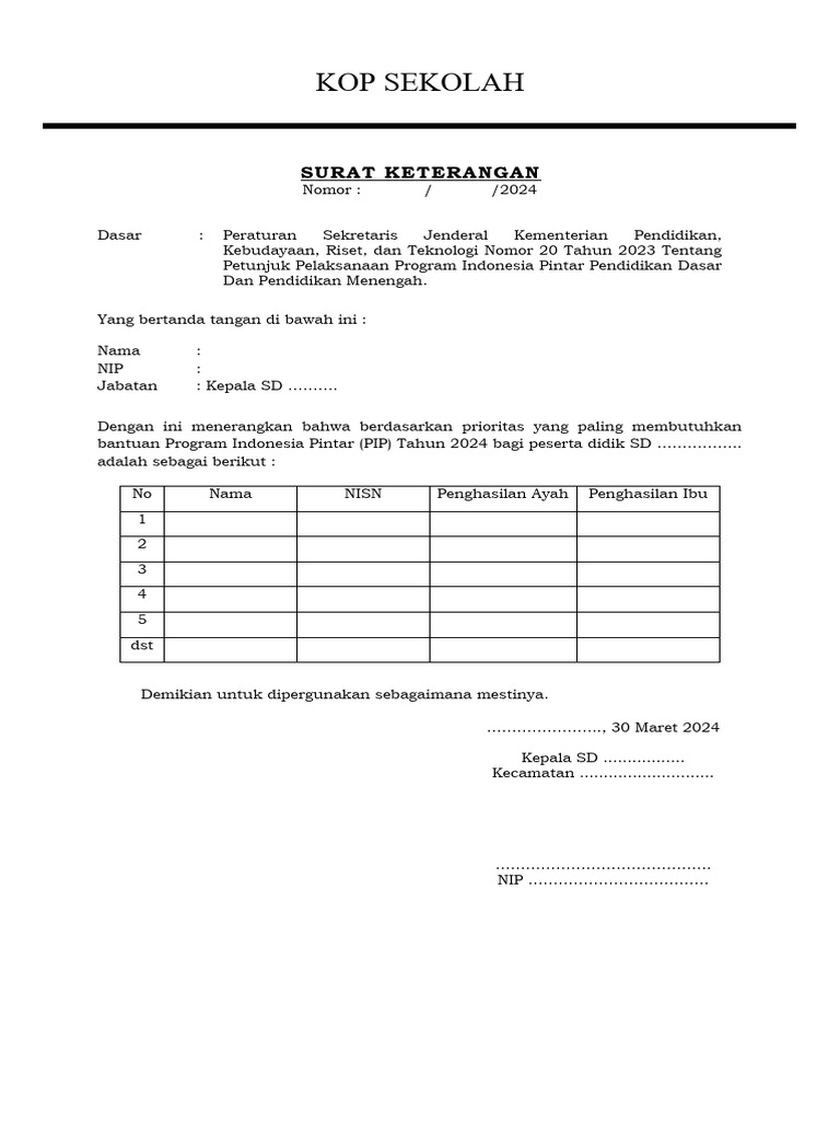 srt-Keterangan Usulan PIP | PDF