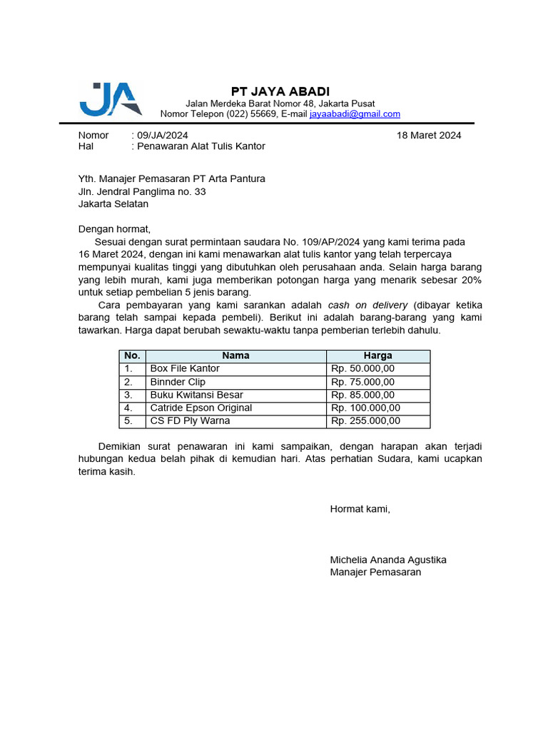 Penawaran Alat Tulis Kantor PT Jaya Abadi | PDF
