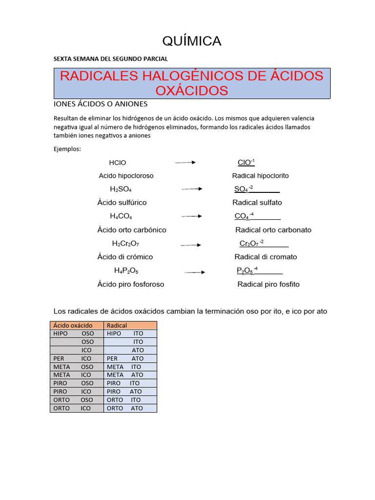 Documento de Radicales de Ácidos Oxácidos Química 2 Bgu | PDF | Ácido | Ion