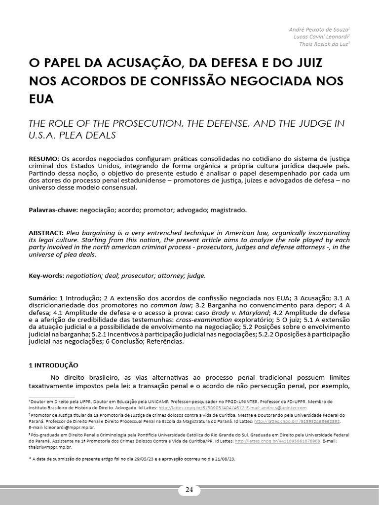 O Papel Da Acusação, Da Defesa e Do Juiz Nos Acordos de Confissão ... O Papel Da Acusação, Da Defesa e Do Juiz Nos Acordos de Confissão ...
