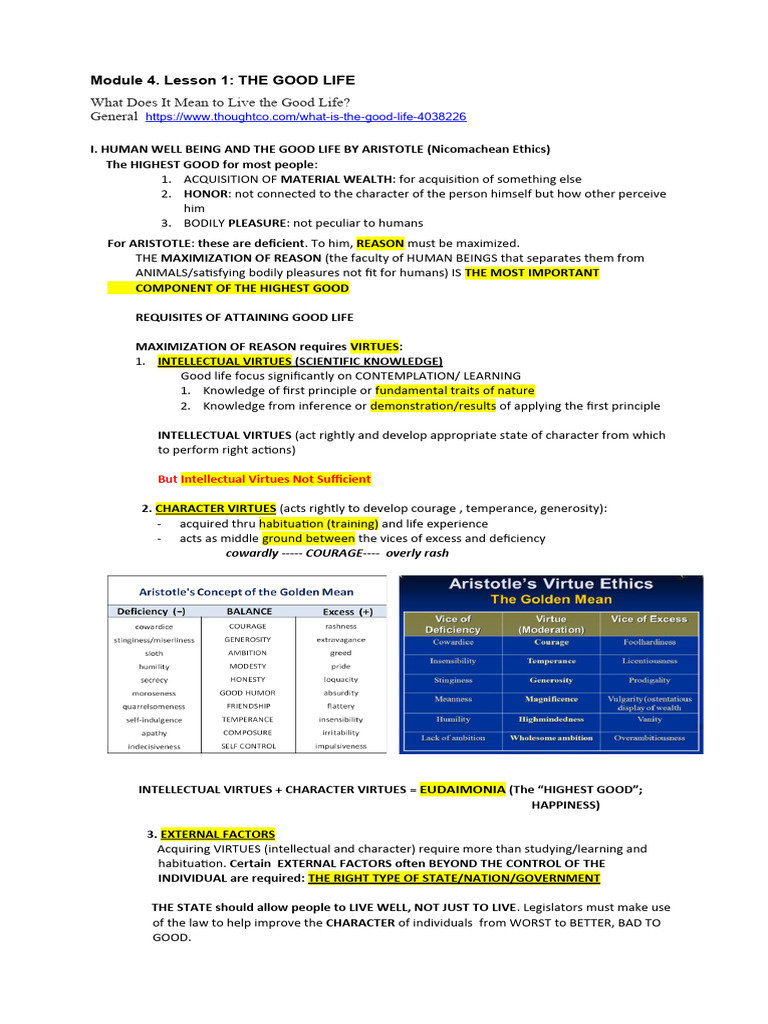 Module 4 Lesson 1 THE GOOD LIFE Aristotle and Other Philosophers | PDF ...