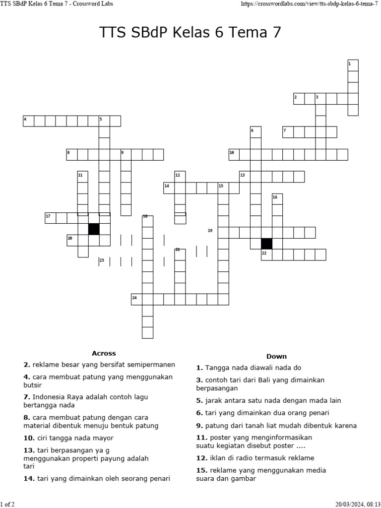 TTS SBDP Kelas 6 Tema 7 - Crossword Labs | PDF