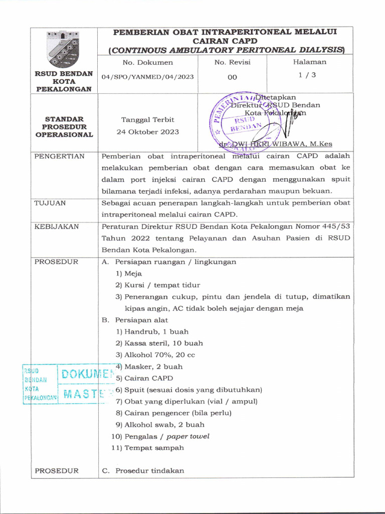 Spo Pemberian Obat Intraperitoneal Melalui Cairan Capd | PDF