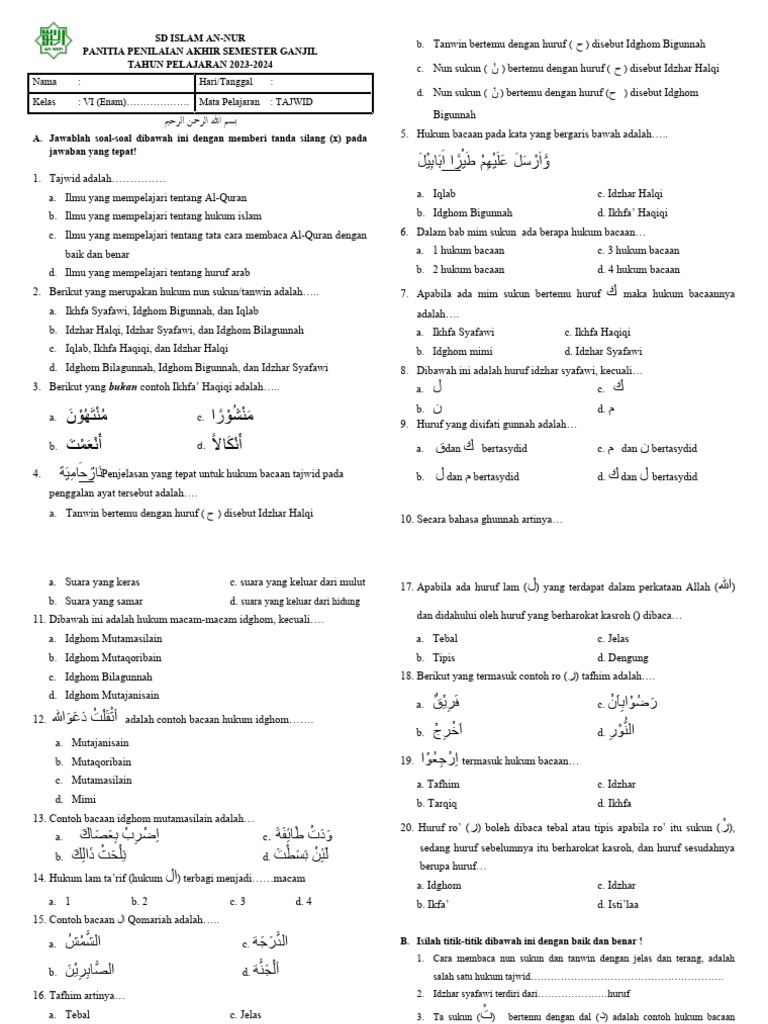 SOAL TAJWID KELAS 6 fix | PDF