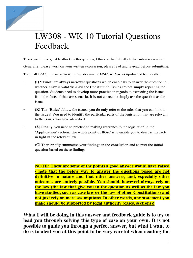 LW308 W10 Tutorial Answers and Feedback Sem1 2021 | PDF