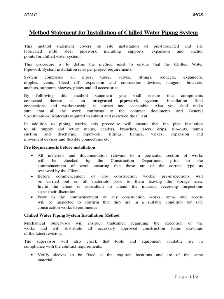 Method Statement For Installation of Chilled Water Piping System | PDF | Pipe (Fluid Conveyance ...