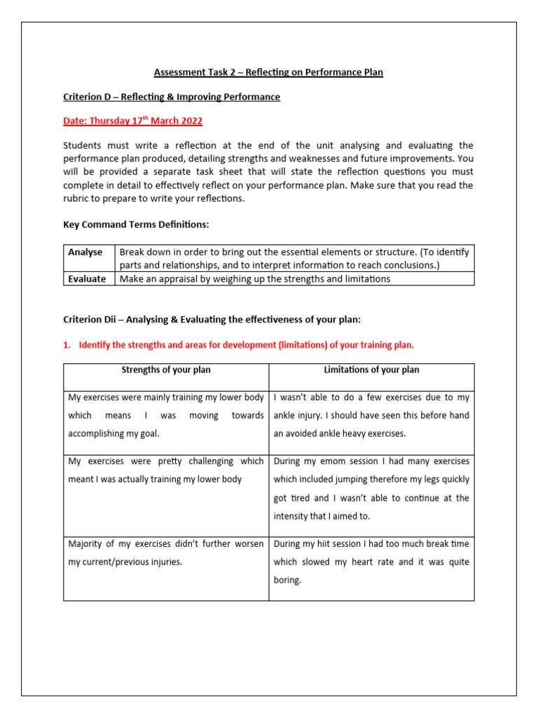 G9 - Task - 2 - Criterion - D - Reflecting - On - Performance - Plan - 2022 MF | PDF | High ...