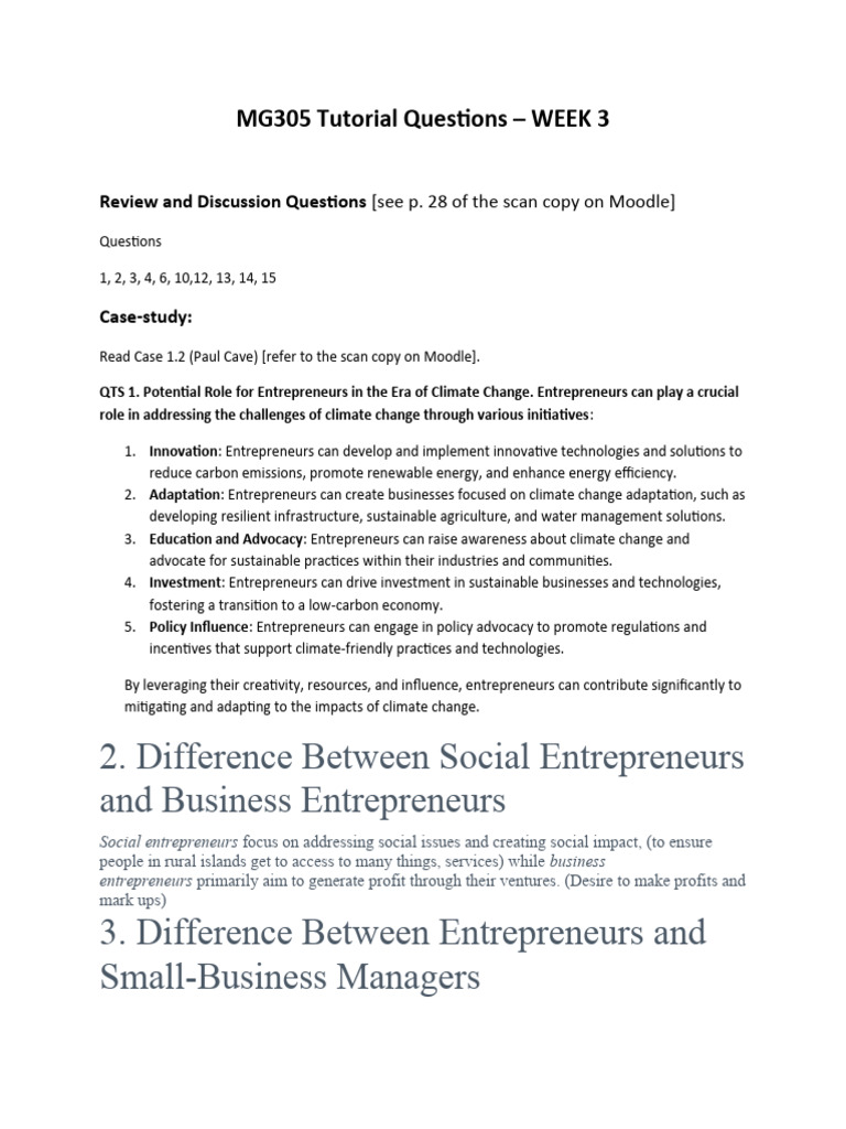 MG305 Tutorial Week 3 - M | PDF | Entrepreneurship | Climate Change