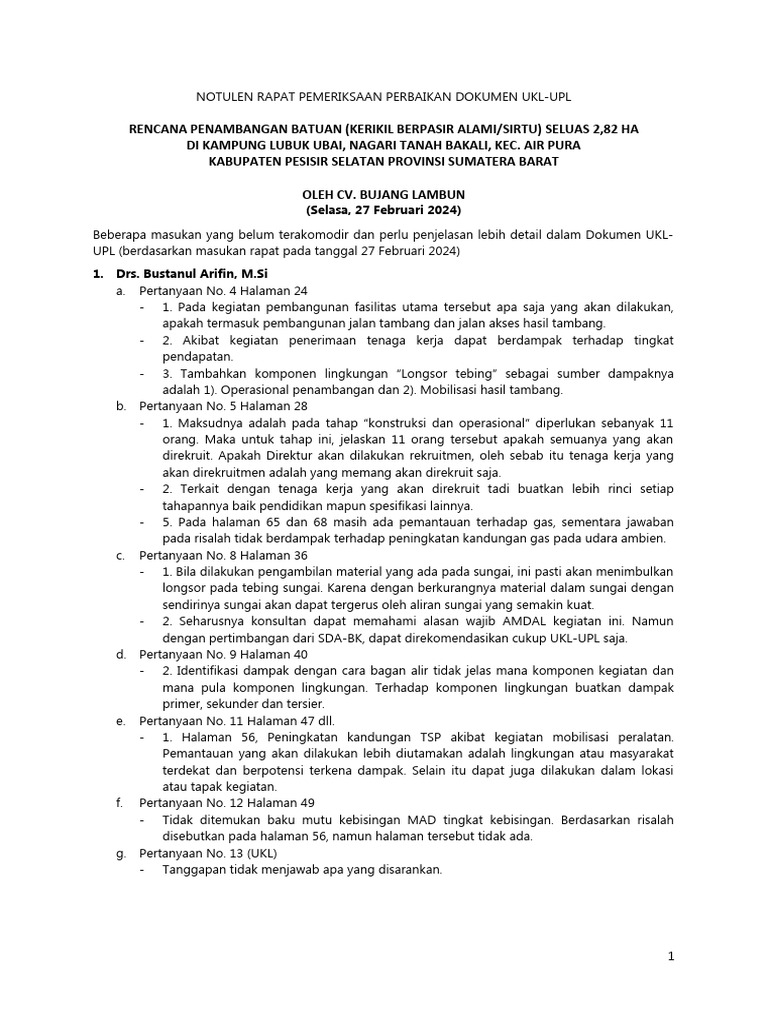Notulen Rapat Cross Check CV. Bujang Lambun 27 Februari 2024 | PDF Notulen Rapat Cross Check CV. Bujang Lambun 27 Februari 2024 | PDF