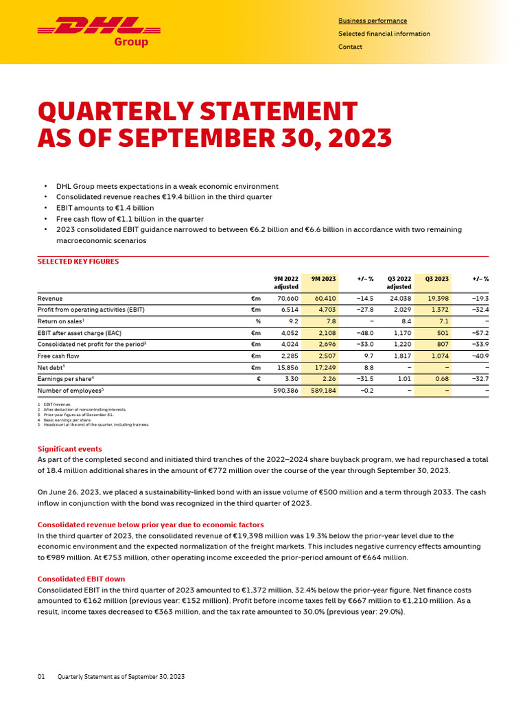 DHL Group Quarterly Statement Q3 2023 | PDF | Share Repurchase | Investing