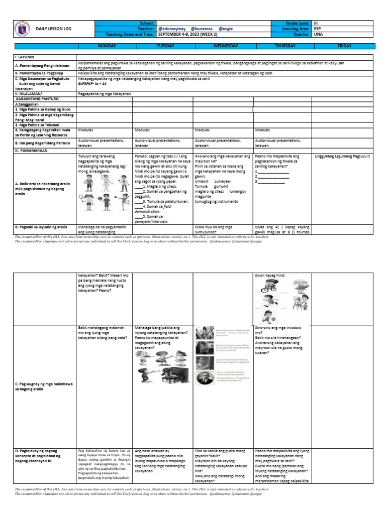 DLL - ESP 3 - Q1 - W2 - Nagpapakita NG Mga Natatanging Kakayahan @edumaymay @lauramos | PDF