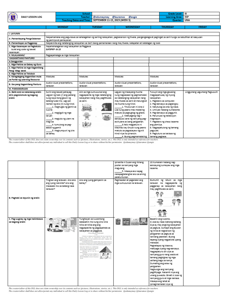 DLL - ESP 3 - Q1 - W3 - Napahahalagahan Ang Kakayahan Sa Paggawa @edumaymay @lauramos | PDF