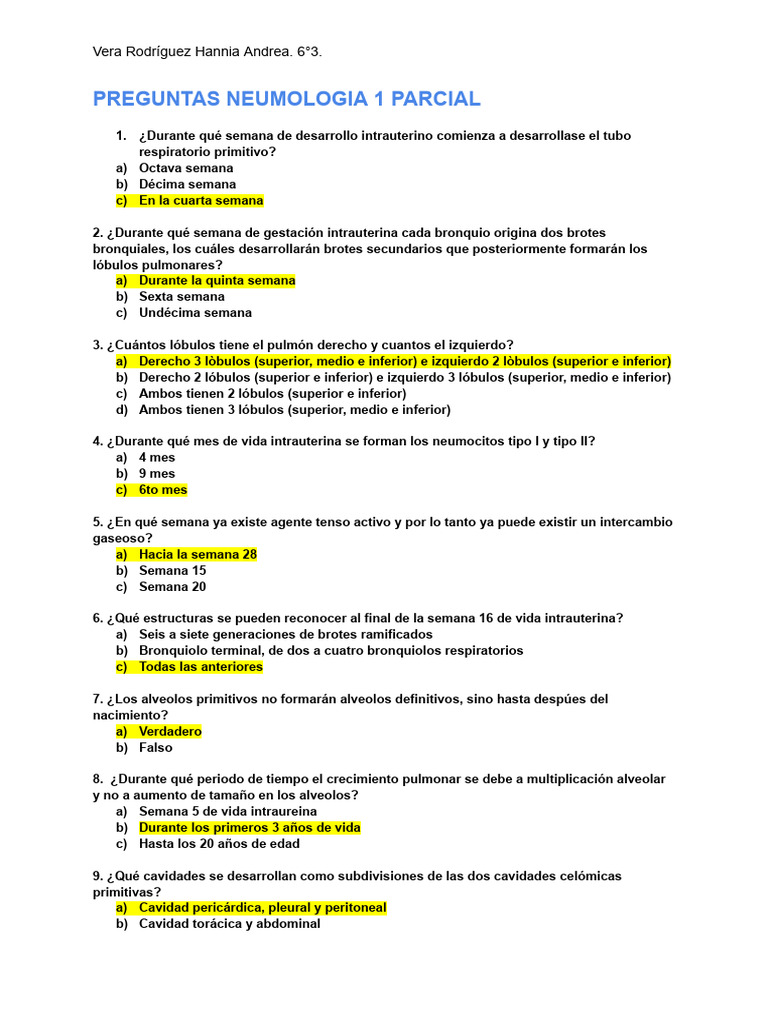 Preguntas - Neumologia - 1er Parcial | PDF | Pulmón | Epitelio