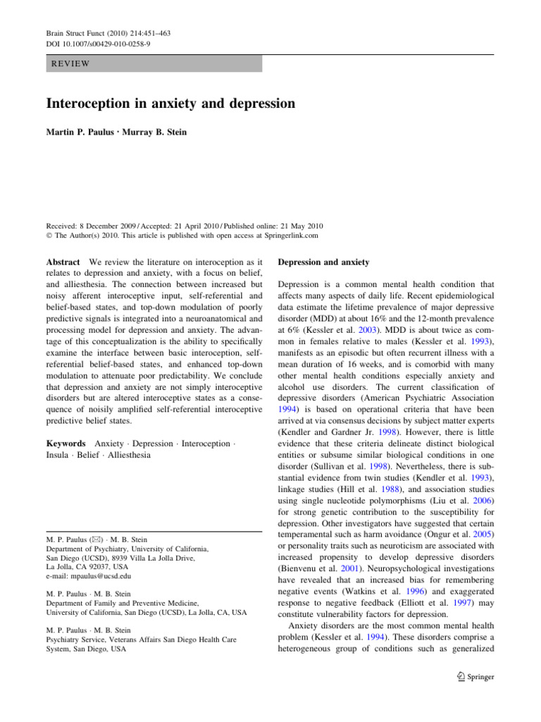 Interoception in Anxiety and Depression | Download Free PDF | Insular ...