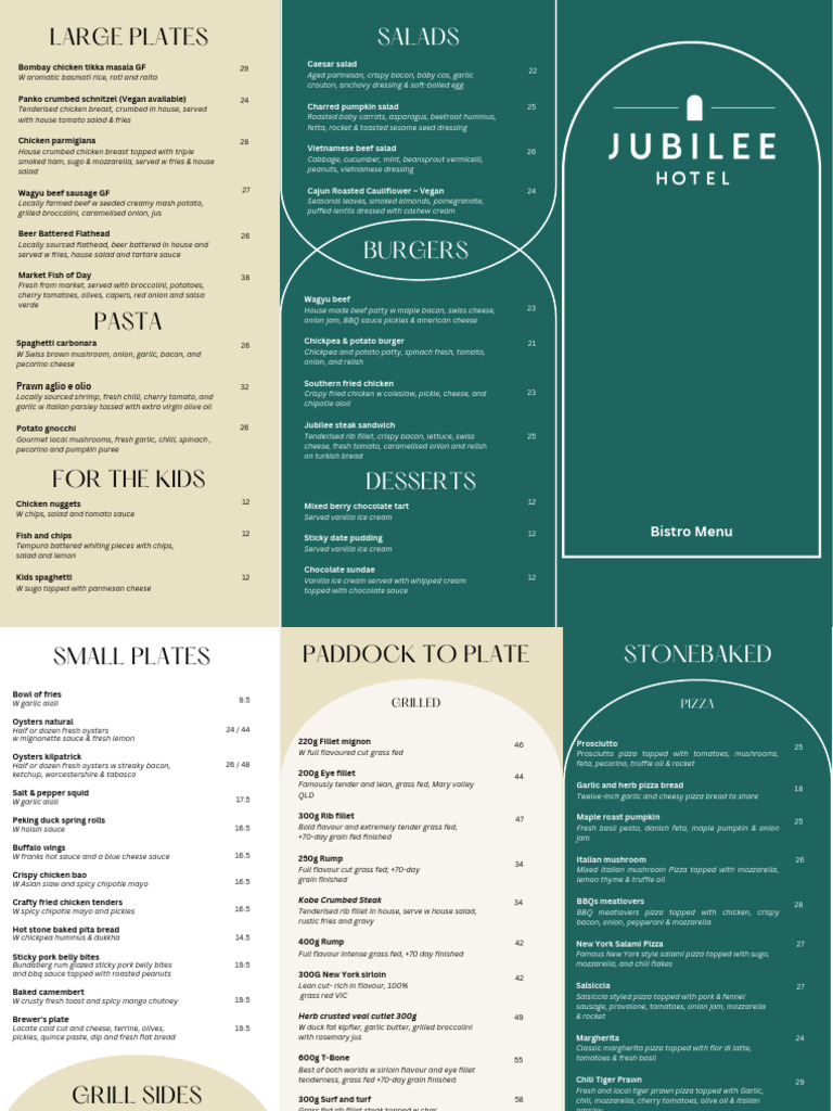 Jubilee Bistro Menu Overview | PDF | Pizza | Salad