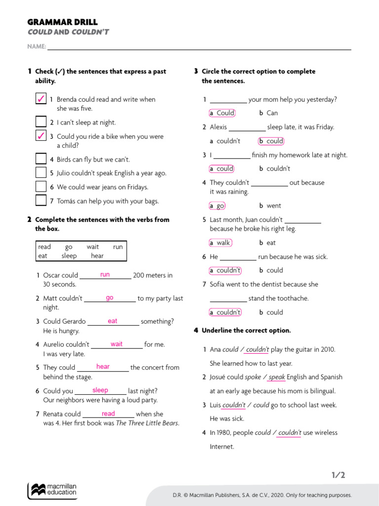 Could and Couldn't Exercises with Answers | PDF | Linguistics