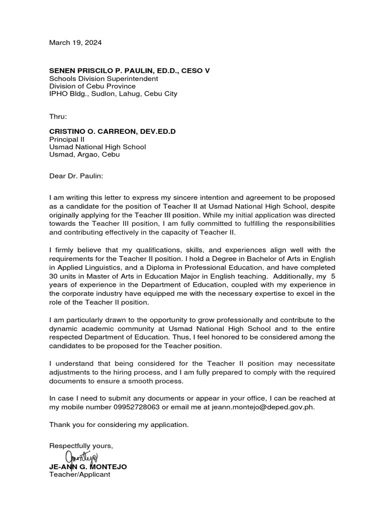 Letter of Intent for Teacher II Position | PDF