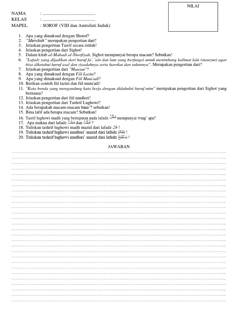 (490) SOAL ULANGAN shorof VIII dan amtsilati induk | PDF