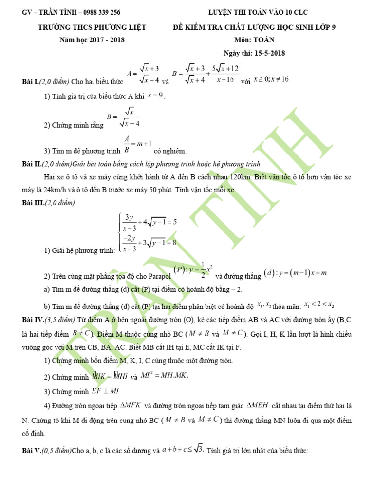 KHẢO SÁT CHẤT LƯỢNG - THCS Phương Liệt 2017 - 2018 | PDF