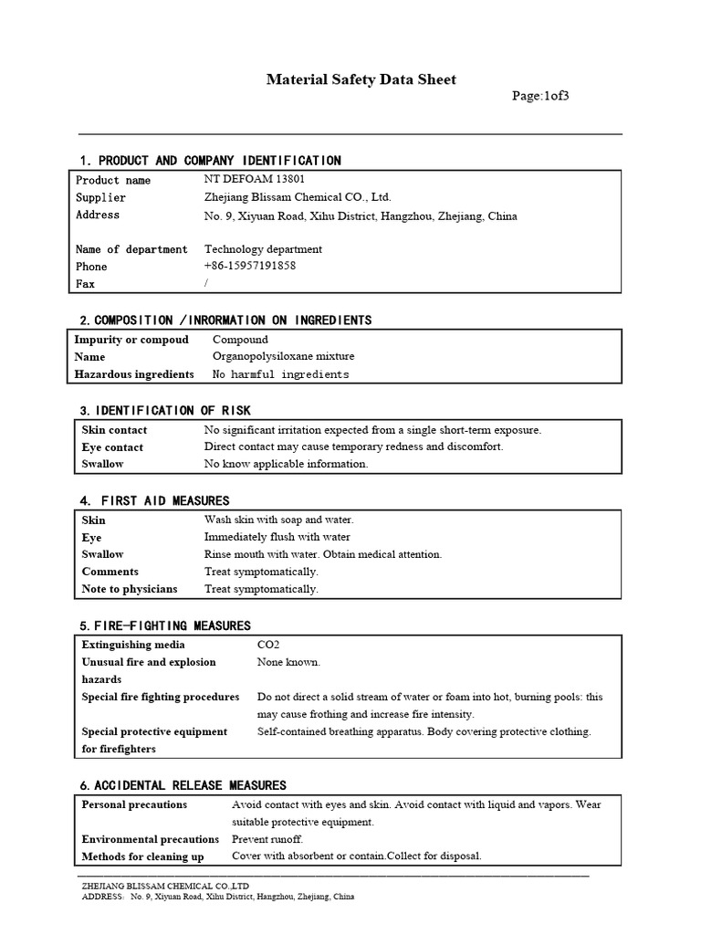 NT Defoam MSDS | PDF