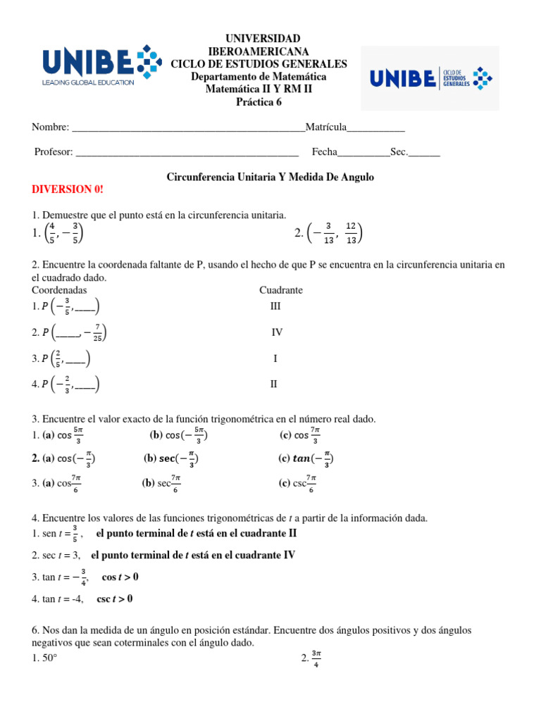 Practica Departamental 6 Mat y RM Ii 2024-2 | PDF | Trigonometría | Funciones trigonométricas