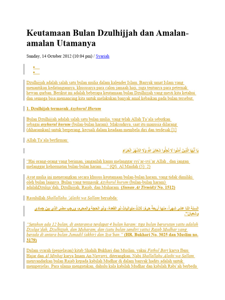 Keutamaan Bulan Dzulhijjah Dan Amalan | PDF