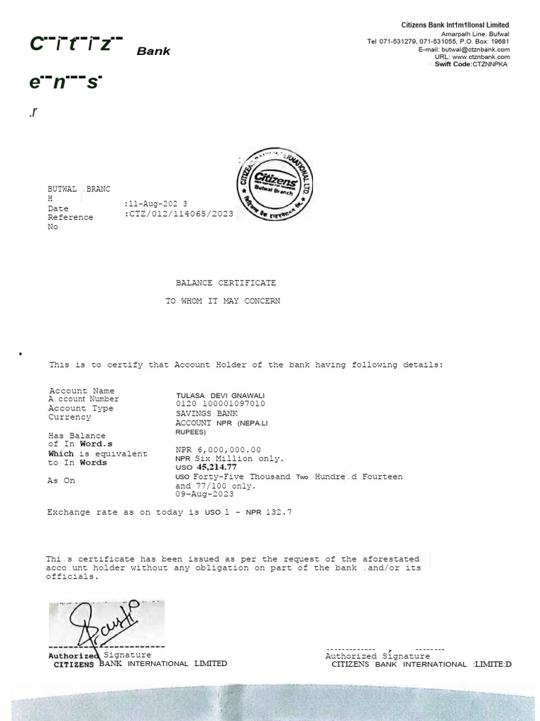 Citizens Bank Balance Certificate | PDF