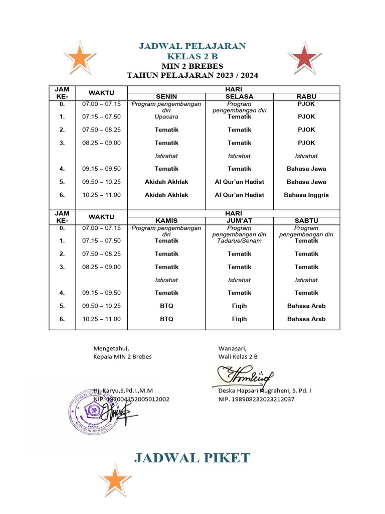 Jadwal Pelajaran Kelas 2 B MIN 2 Brebes | PDF