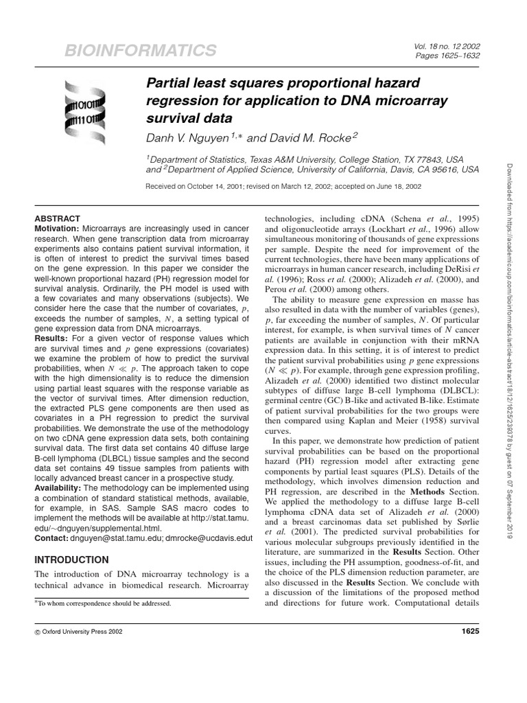 Bioinformatics: Partial Least Squares Proportional Hazard Regression For Application To DNA ...