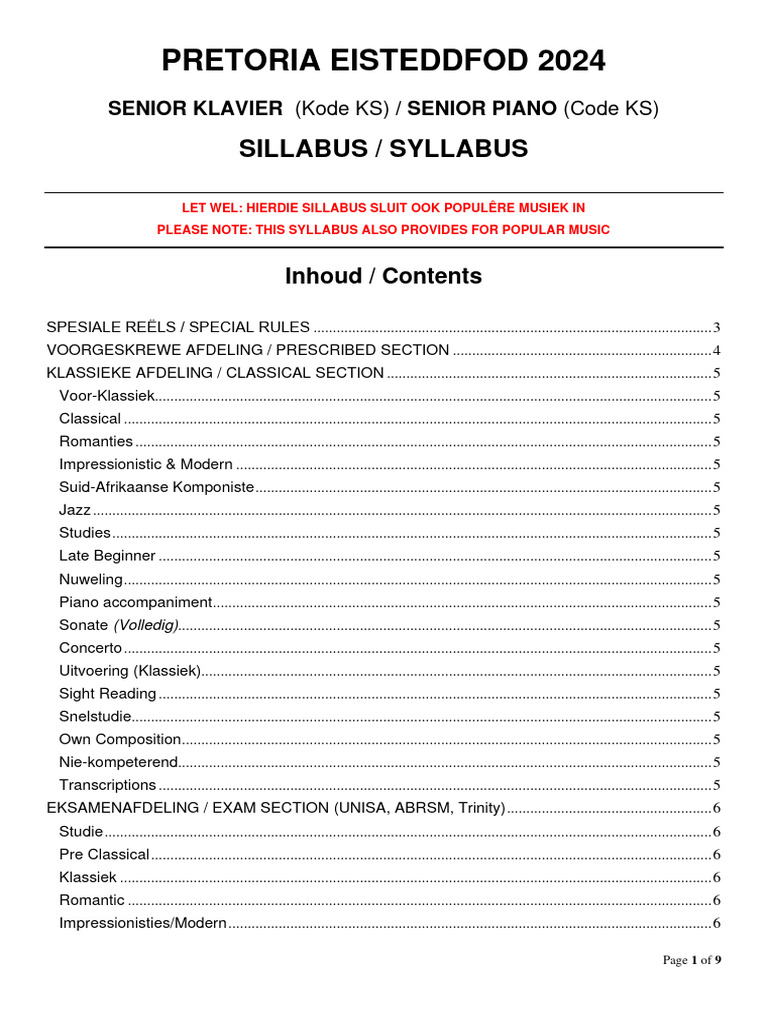 Pretoria Eisteddfod 2024 Piano Syllabus | PDF | Classical Music ...