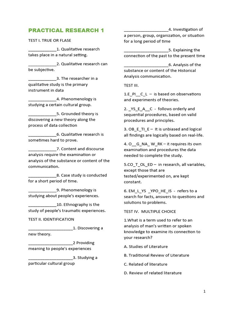 PRACTICAL RESEARCH 1 Ques | PDF PRACTICAL RESEARCH 1 Ques | PDF
