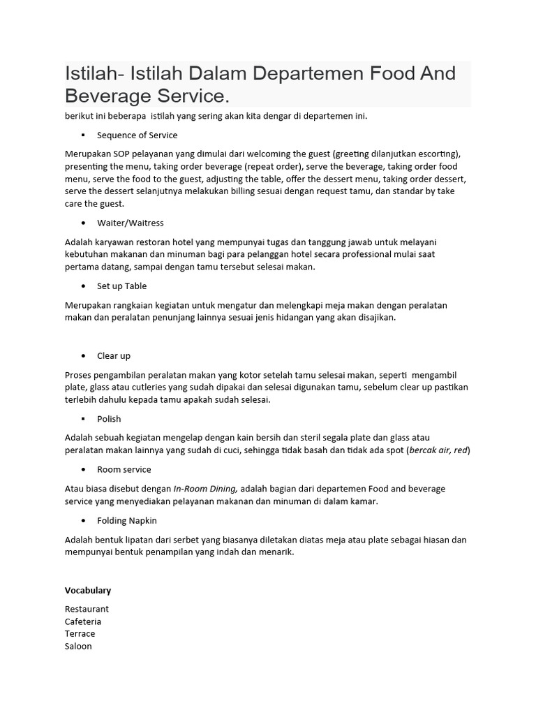 Istilah Dalam FNB Service | PDF