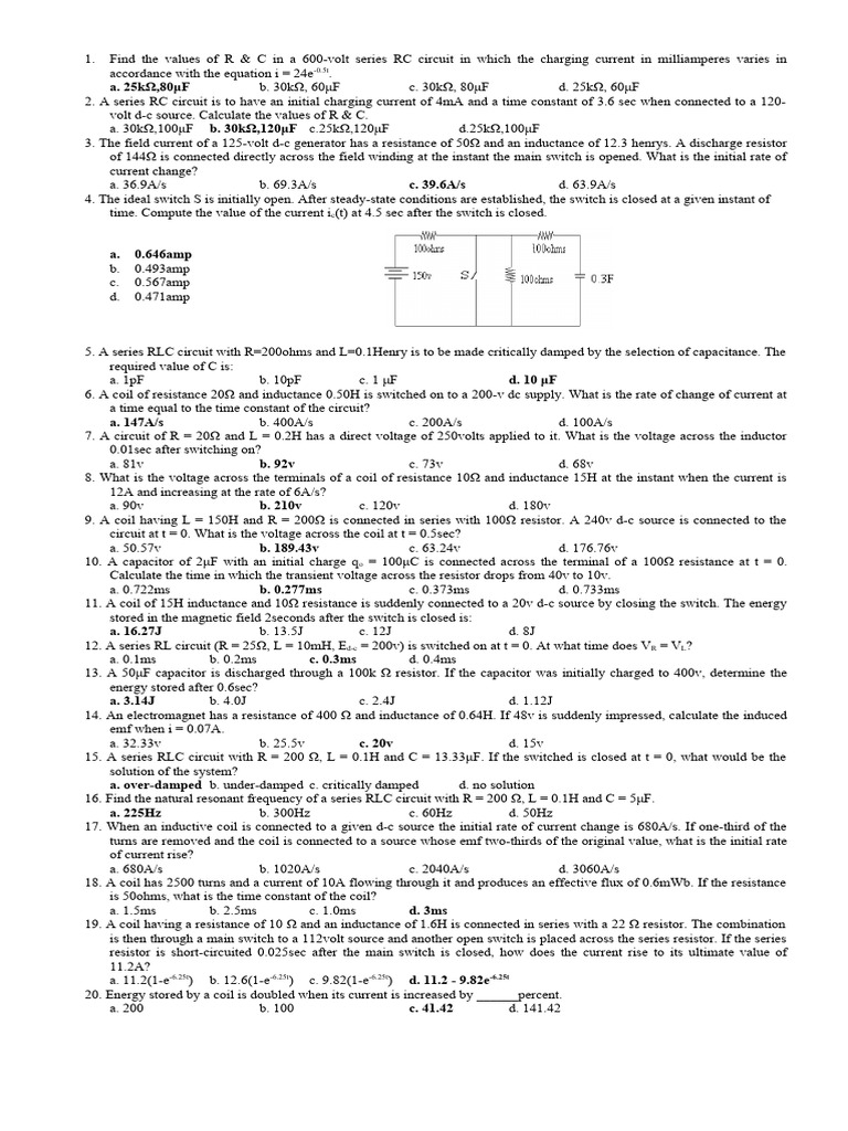 MCQs On Transient Circuits | PDF | Inductor | Inductance