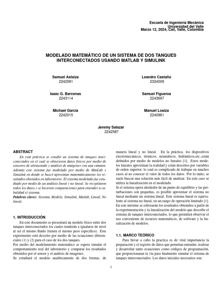 Modelo Matematico de Un Sistema de Dos Tanques Interconectados Usando Matlab y Simulink | PDF ...