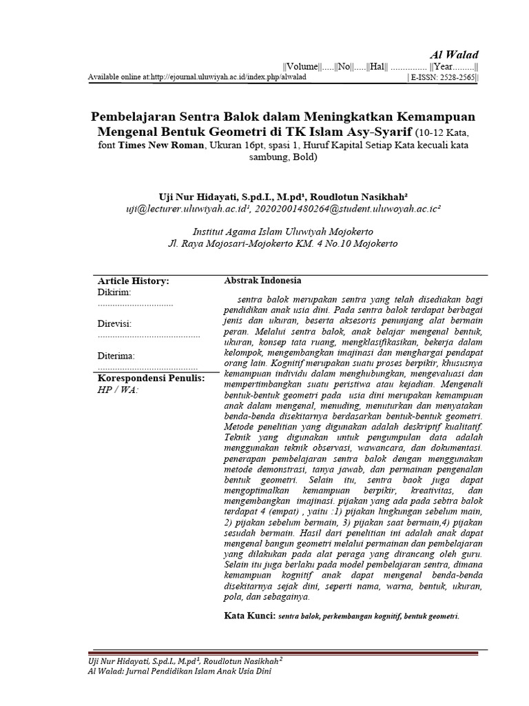 Pembelajaran Sentra Balok Dalam Meningkatkan Kemampuan Mengenal Bentuk ...