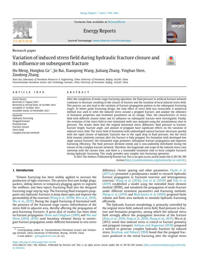 Meng Et Al - 2021 - Variation of Induced Stress Field During Hydraulic Fracture Closure and Its ...