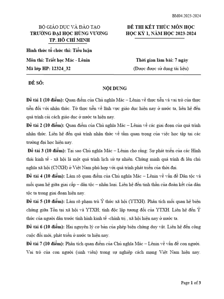 Bm04-Đề Thi Tiểu Luận - Triết Học Mác-lênin Hk1 23-24 | PDF