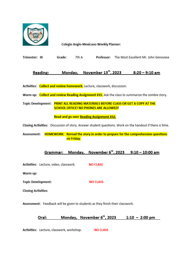7th Grade Weekly Planner: Nov 2023 | PDF | Lecture | Human Communication