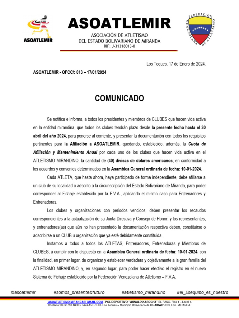 013 - 17-01-2024 - Comunicado General A Los Clubes | PDF | Gobierno