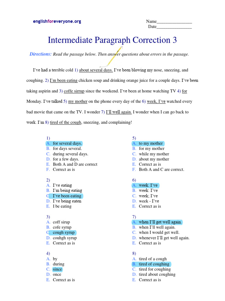 Intermediate Paragraph Correction Worksheet | PDF | Drink