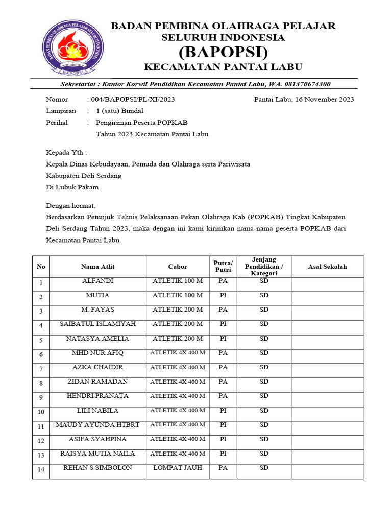 Surat Pengantar Popkab 2023 | PDF