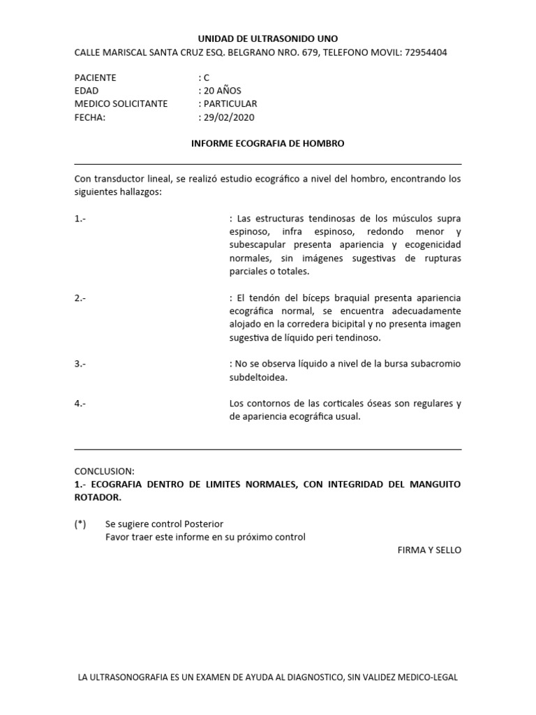 Modelo Informe Ecografia de Hombro | PDF Modelo Informe Ecografia de Hombro | PDF