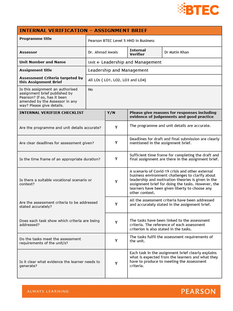 BTEC IV of Assignment Brief Unit 4 Latest | PDF