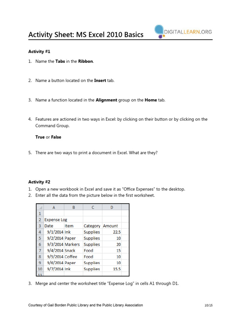 Activity Sheet Ms Excel 2010 Basics Pdf