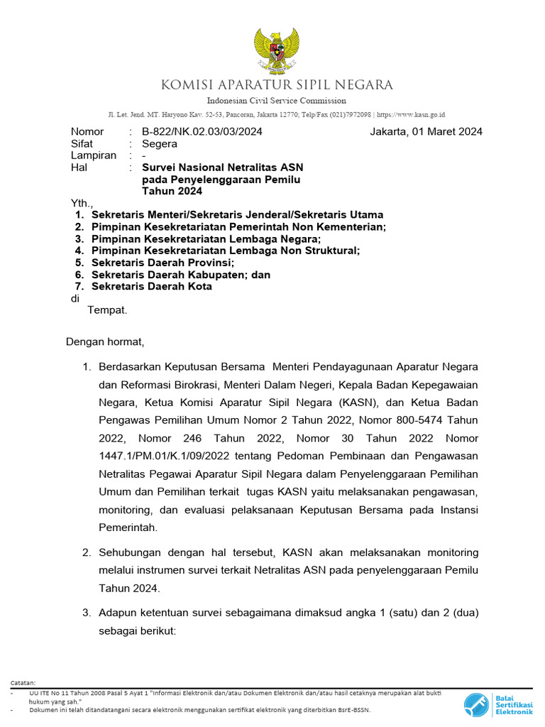 B-822-NK.02.03-03-2024_Survei_Nasional_Netralitas_ASN_pada_Penyelenggaraan_Pemilu_Tahun_2024 | PDF