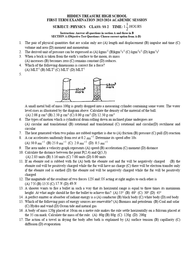 SS 2 PHYSICS FIRST TERM EXAM(HIDDEN TREASURE) | PDF | Force | Acceleration