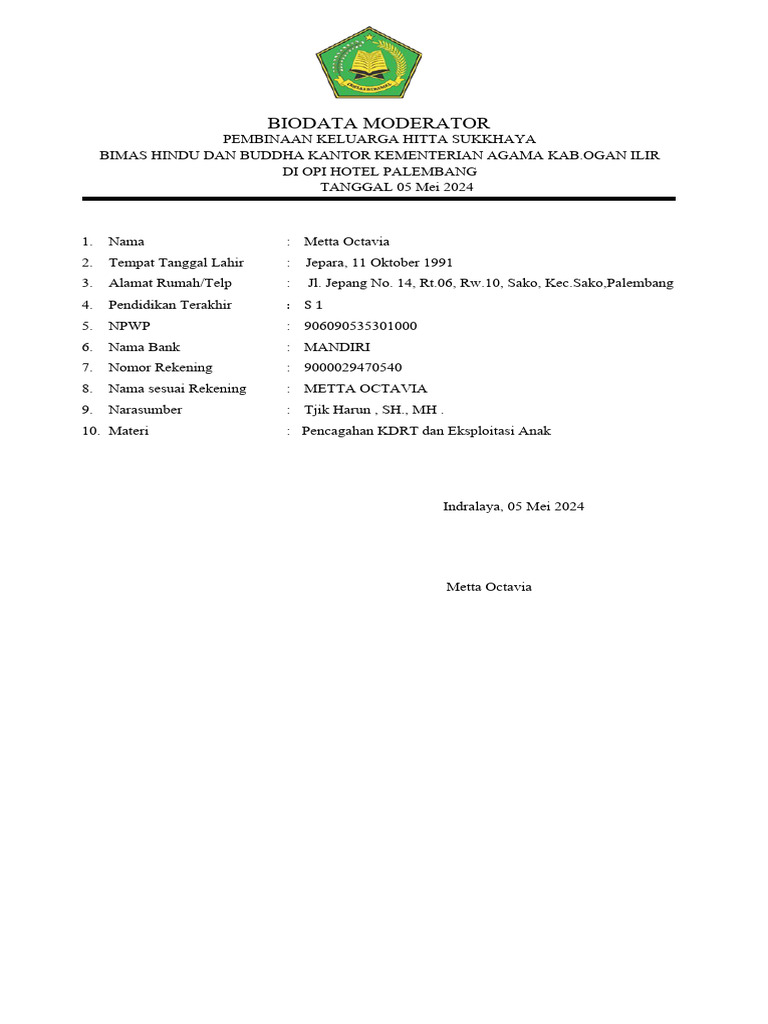 Biodata Moderator Metta Octavia | PDF